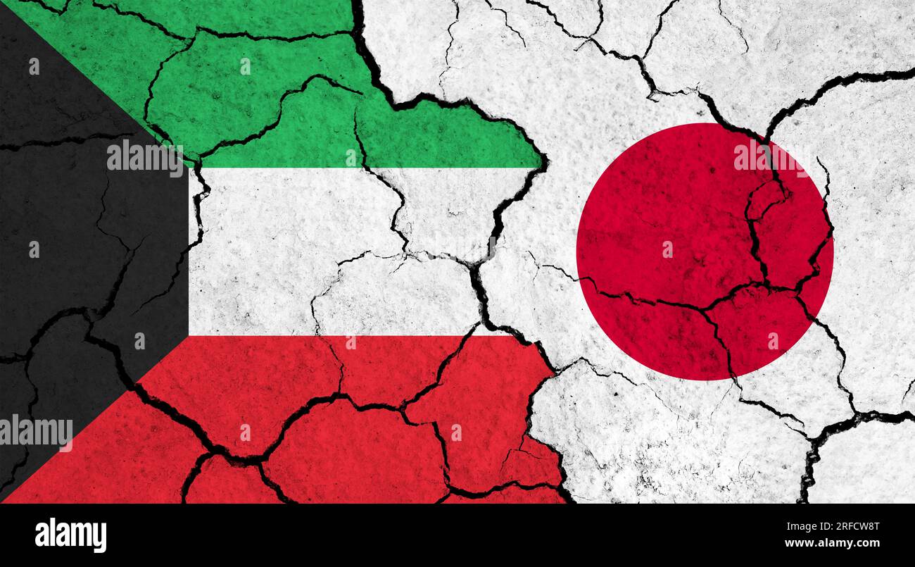 Flags of Kuwait and Japan on cracked surface - politics, relationship ...