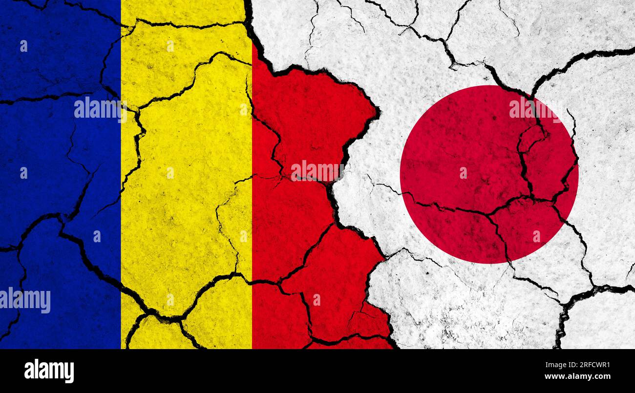 Flags of Romania and Japan on cracked surface - politics, relationship ...