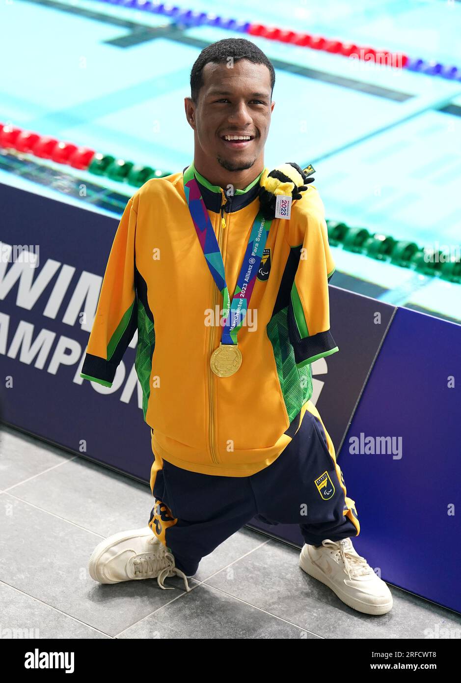 Brazil's Gabriel Dos Santos Araujo with his gold medal after winning the final of the Men's 100m ...