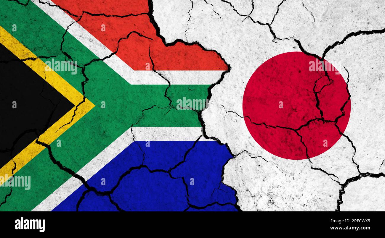 Flags of South Africa and Japan on cracked surface - politics ...
