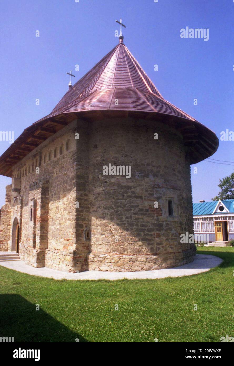 Iasi County, Romania, 1999. Exterior view of the 17th century church at ...