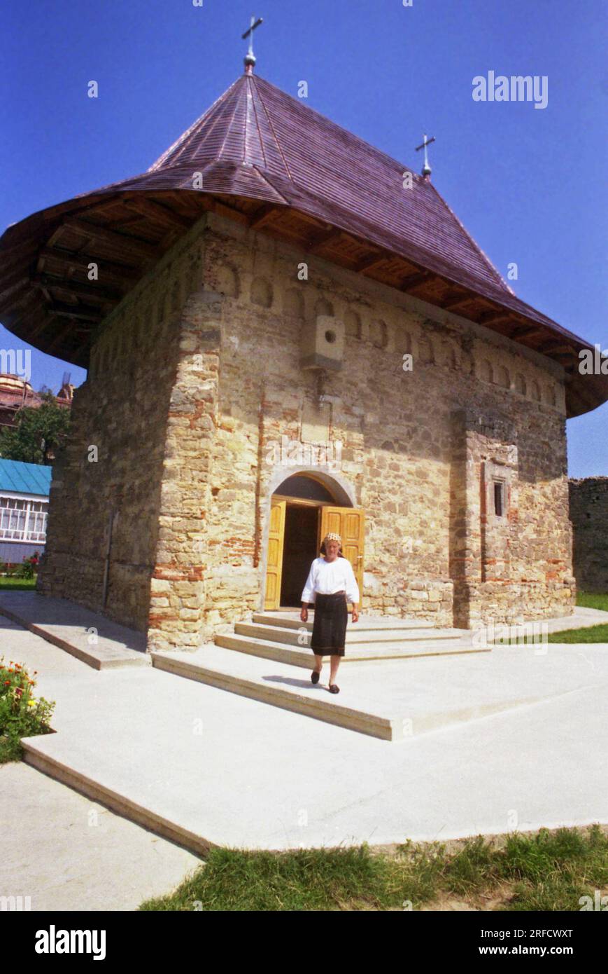 Iasi County, Romania, 1999. Exterior view of the 17th century church at ...