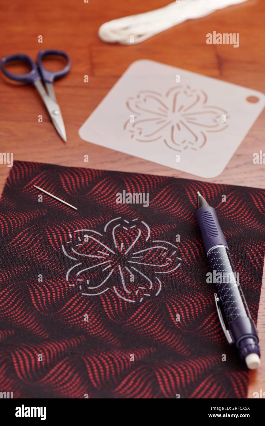 Preparing for Japanese embroidery sashiko. Templates, threads, chalk ...