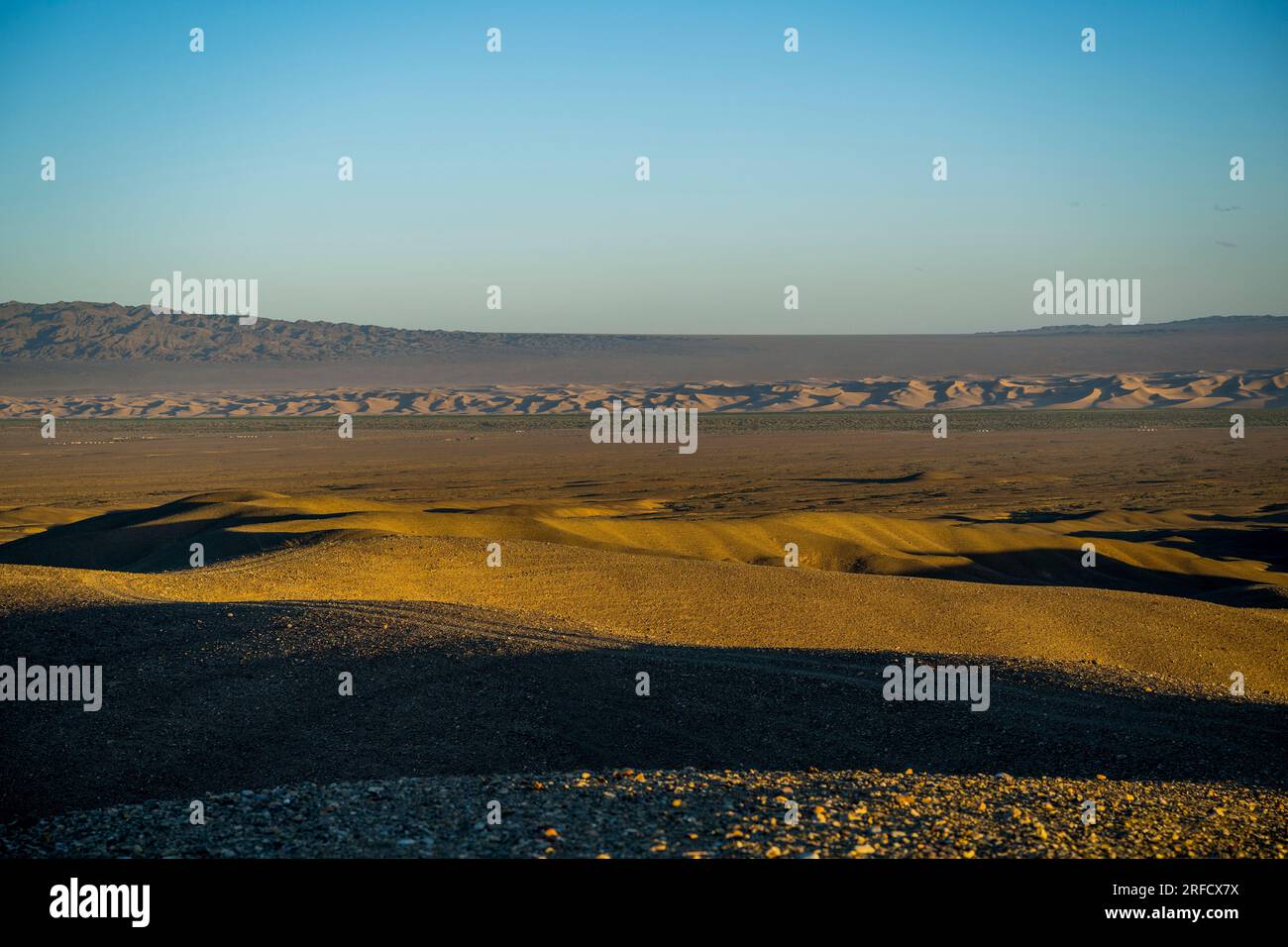 View at sunset of the Hongoryn Els (Khongoryn Els) sand dunes in the ...