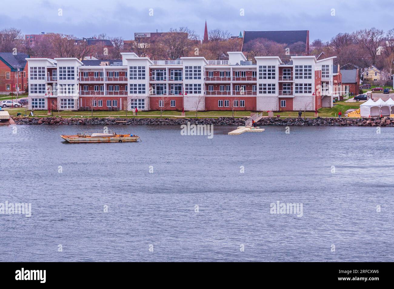 Cold, rainy day at Charlottetown cruise ship dock on the St. Lawrence ...