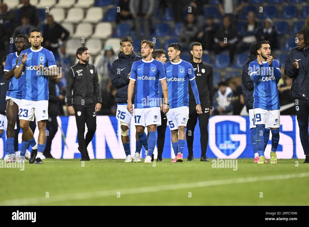 Genk, Belgium. 02nd Aug, 2023. Genk's players look dejected after ...