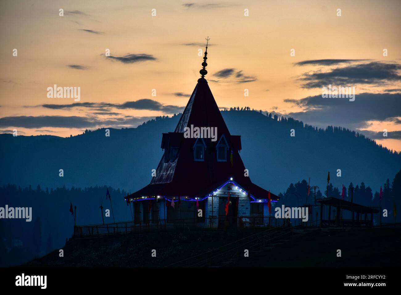 Gulmarg, India. 02nd Aug, 2023. An illuminated Hindu Temple is seen ...
