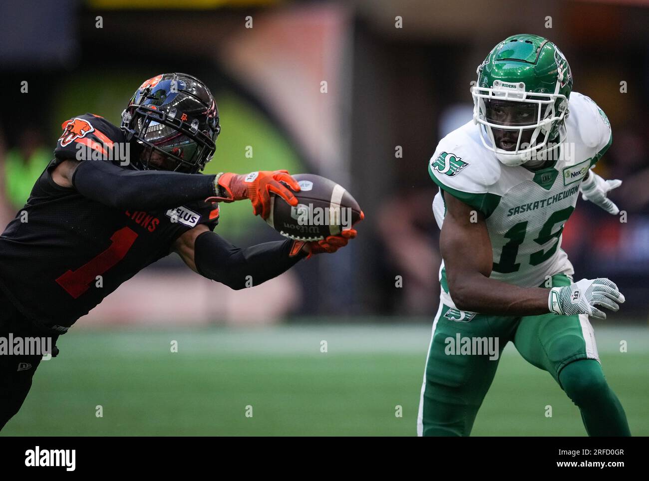 Vancouver, Canada. 22nd July, 2023. B.C. Lions' Garry Peters, left ...