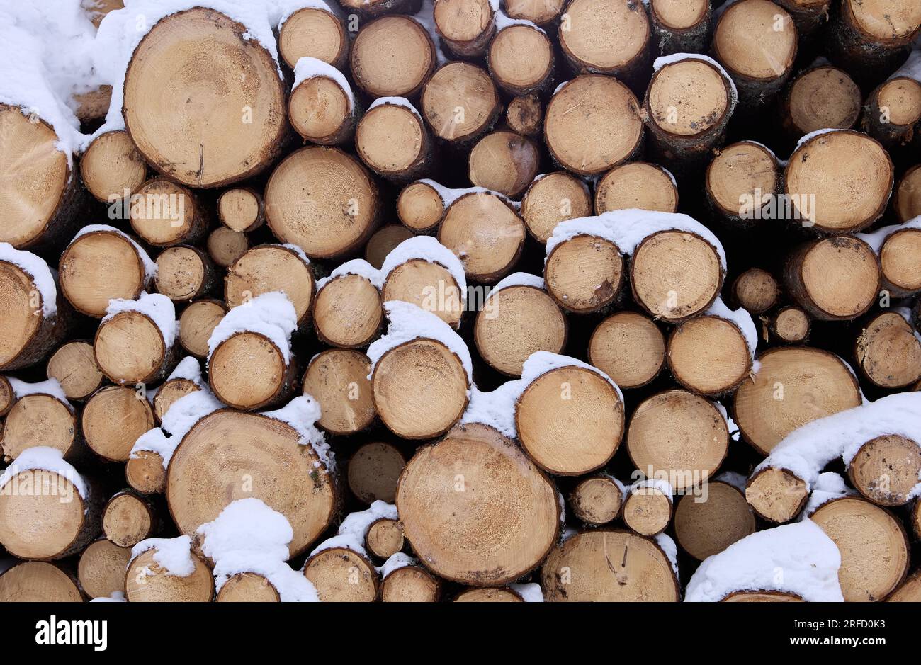 Round lumber piled up outdoors in winter Stock Photo - Alamy