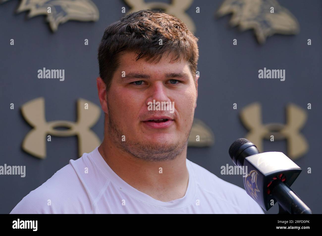 Baltimore Ravens center Tyler Linderbaum speaks to reporters during his ...