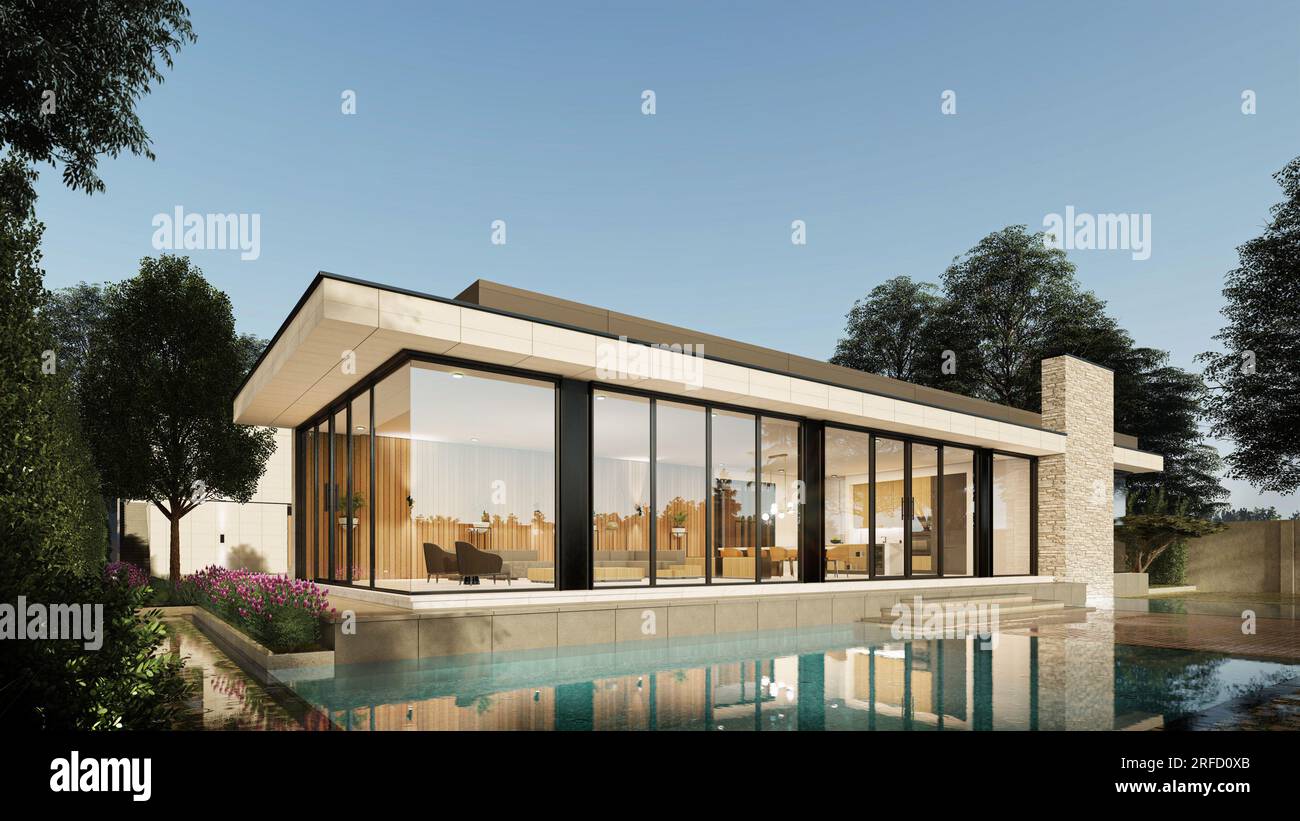 Modern House Exterior Scene with furniture - 2D drawing A1 size 3D ...