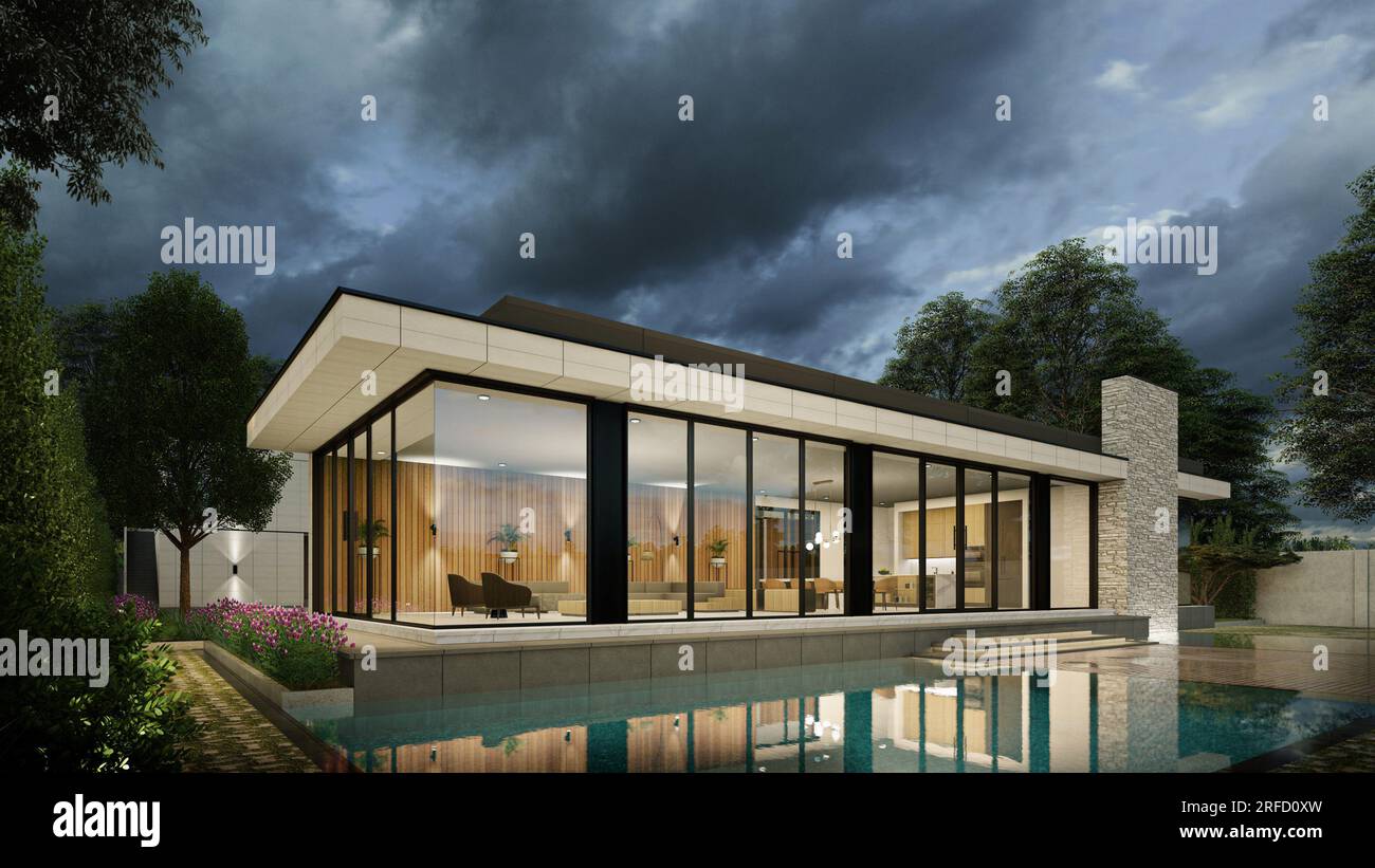 Modern House Exterior Scene with furniture - 2D drawing A1 size 3D ...