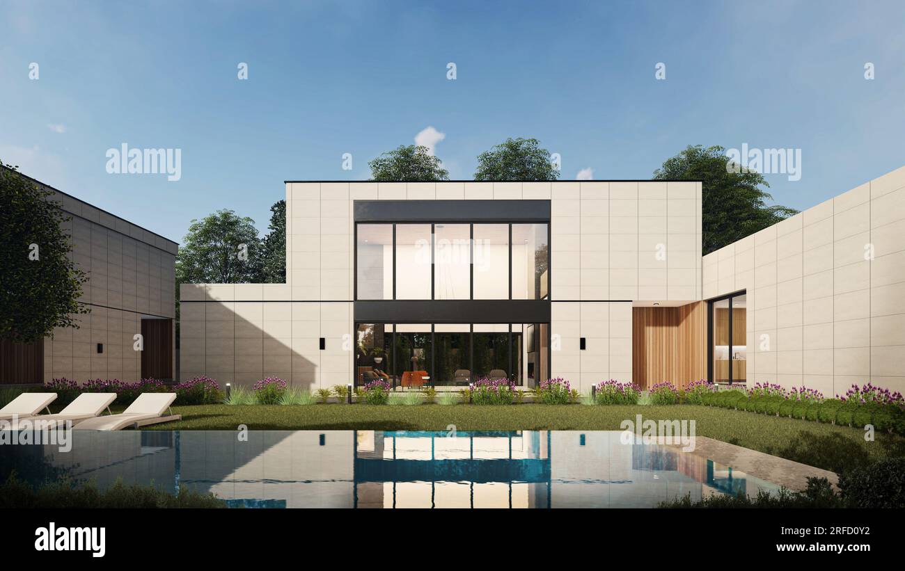 Modern House Exterior Scene with furniture - 2D drawing A1 size 3D ...