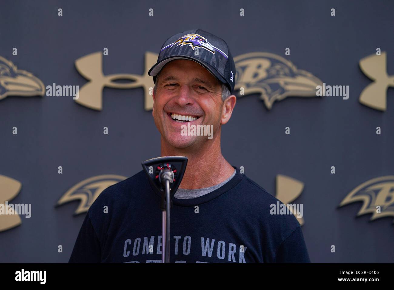 Baltimore Ravens head coach John Harbaugh speaks to reporters during ...