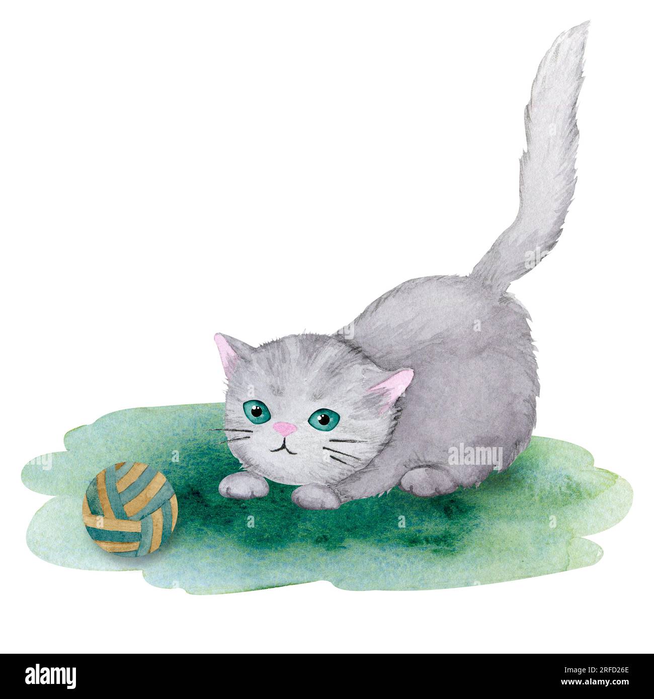Cute domestic cat plays with a ball. Watercolor composition on the ...