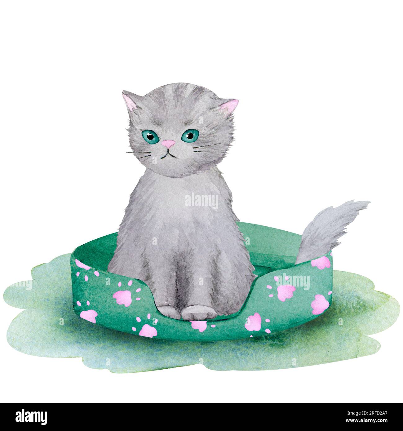 A cute fluffy cat sits in a couch. Watercolor composition on the theme ...