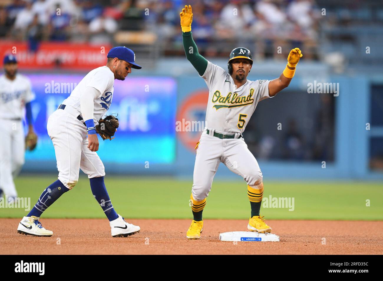 LOS ANGELES, CA - AUGUST 01: Oakland Athletics left fielder Tony Kemp ...