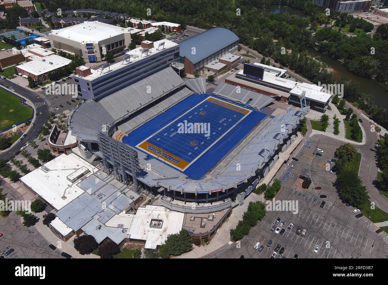 A general overall aerial view of Albertsons Stadium and blue artificial ...