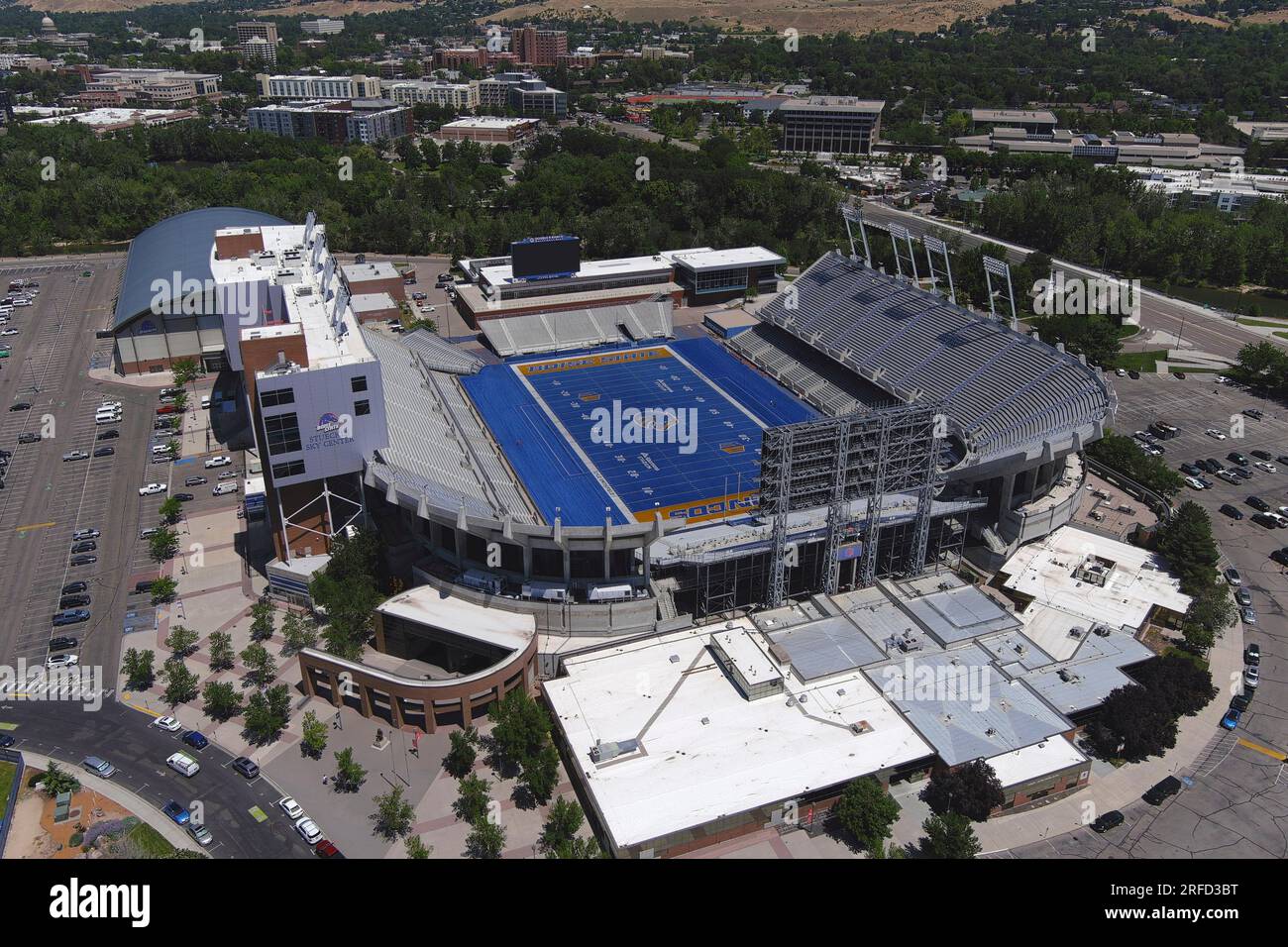 A general overall aerial view of Albertsons Stadium and blue artificial ...