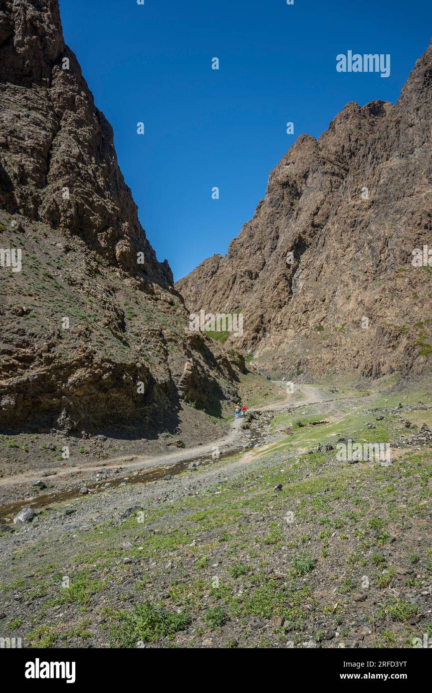 People hiking in the Yolyn Am (Gurvan Saikhan National Park), a deep ...