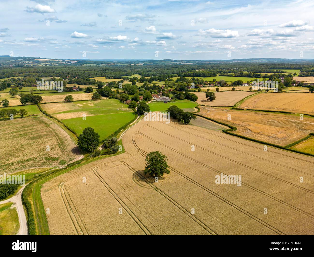 An aerial view towards the village of Heyshott across arable farmland ...
