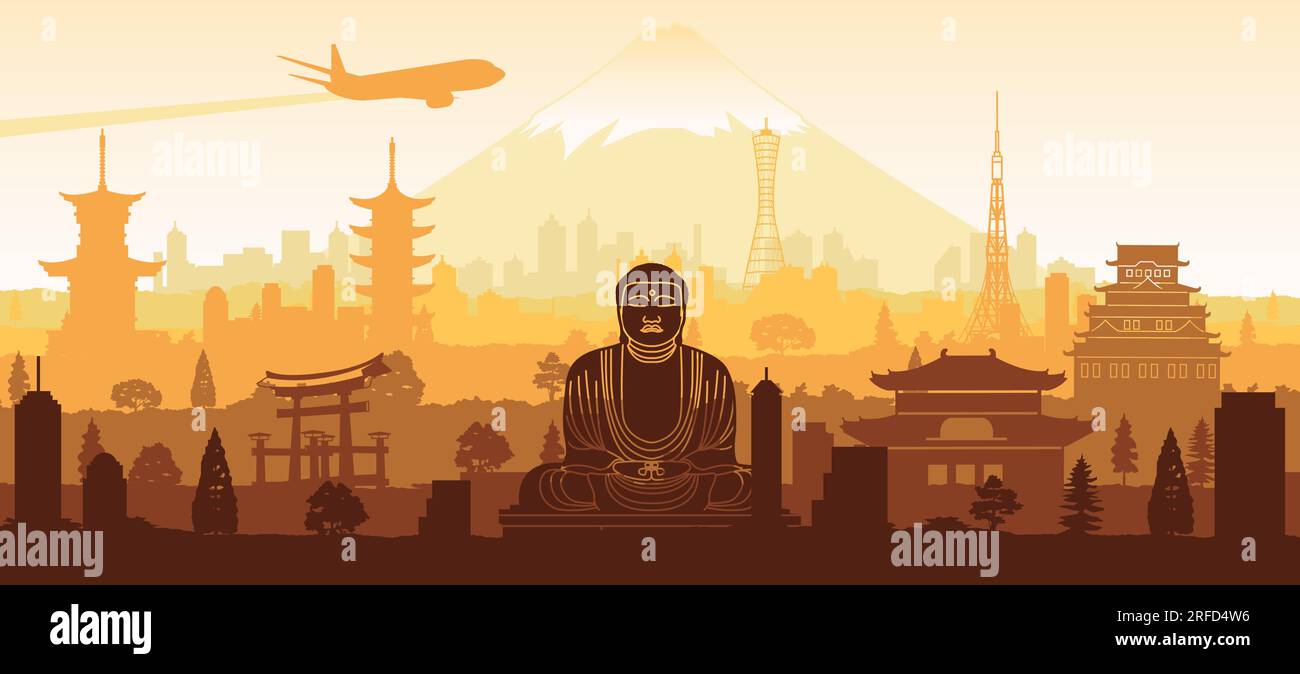 Japan famous landmarks silhouette style with yellow and white color ...