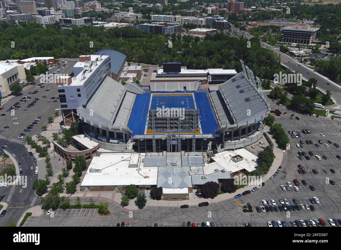A general overall aerial view of Albertsons Stadium and blue artificial turf on the campus of ...