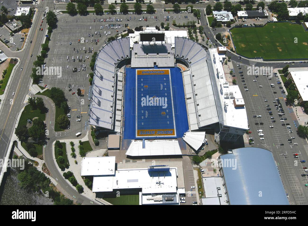 A general overall aerial view of Albertsons Stadium and blue artificial ...