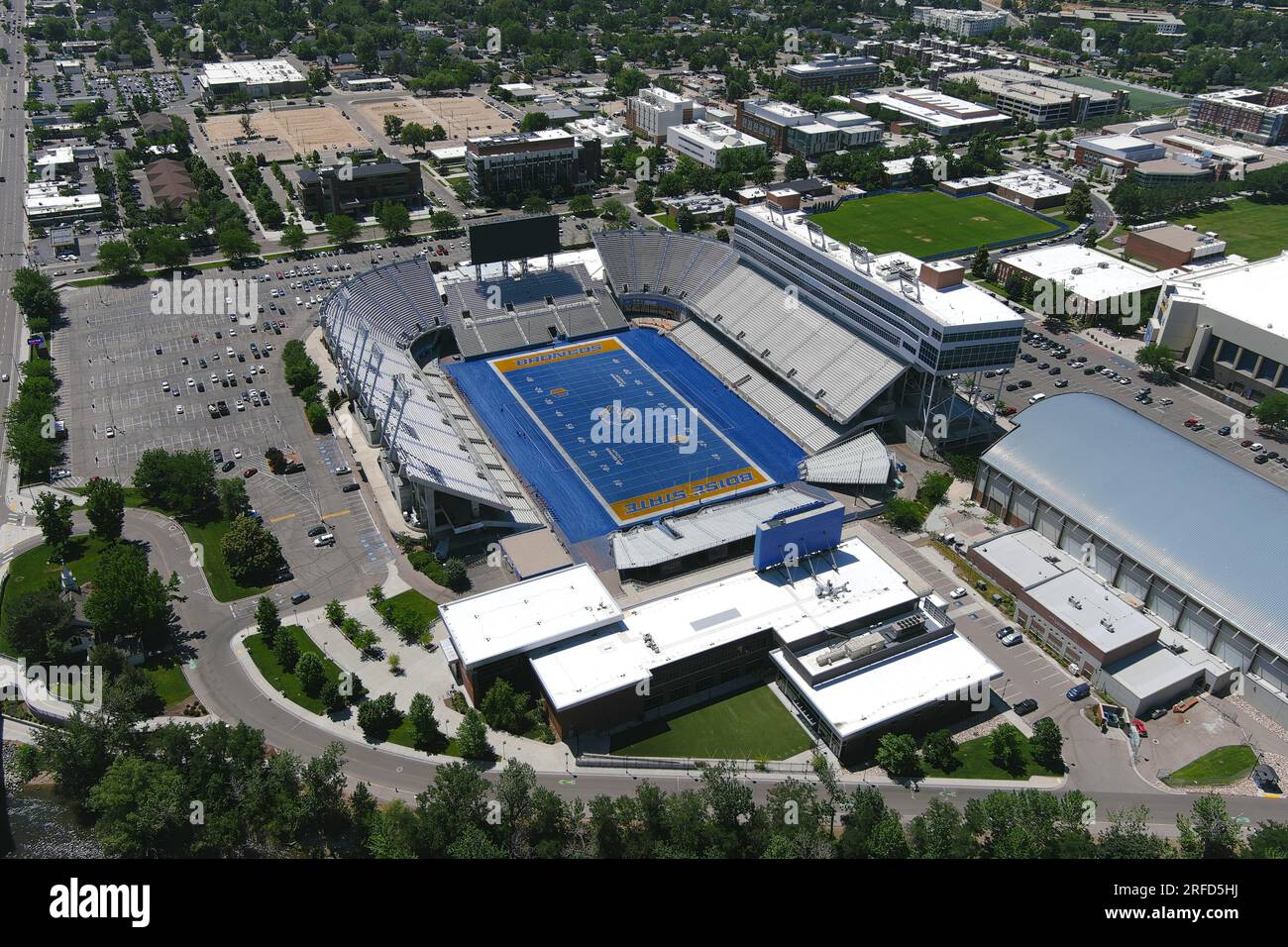 A general overall aerial view of Albertsons Stadium and blue artificial ...