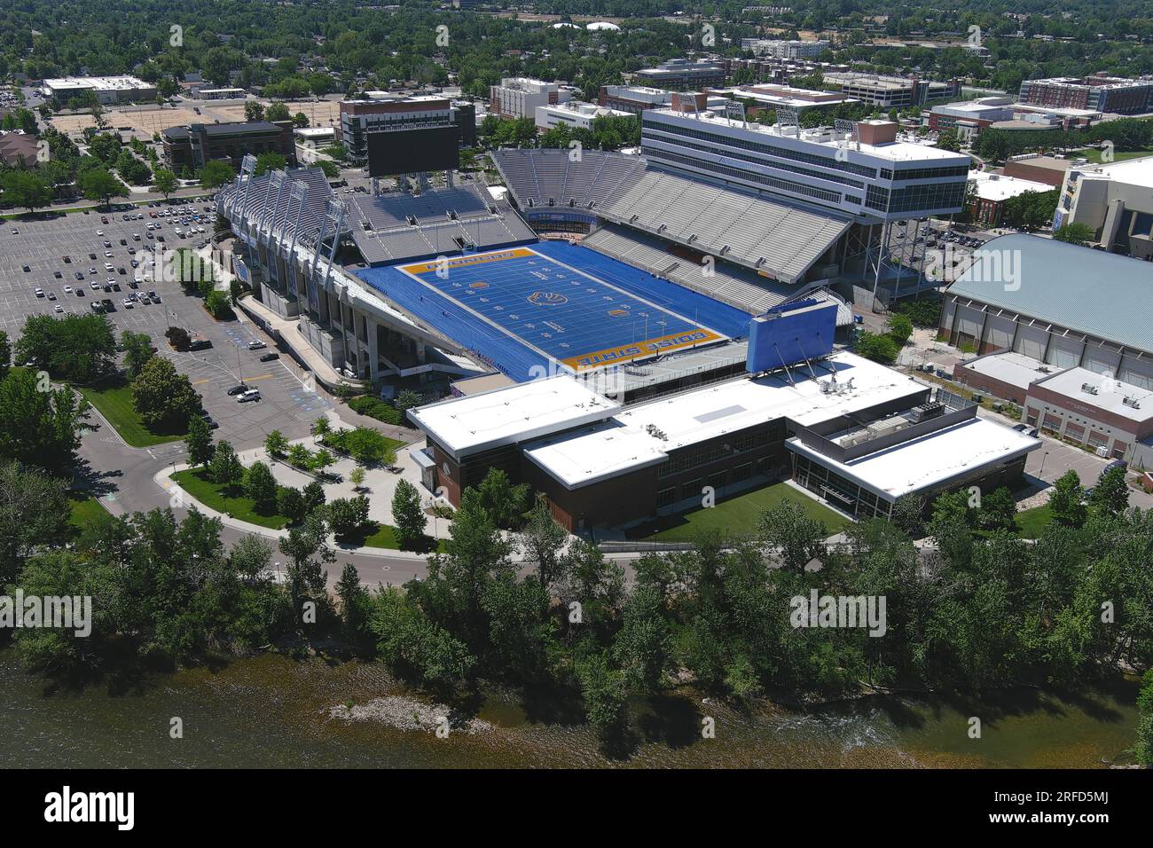A general overall aerial view of Albertsons Stadium and blue artificial turf on the campus of ...