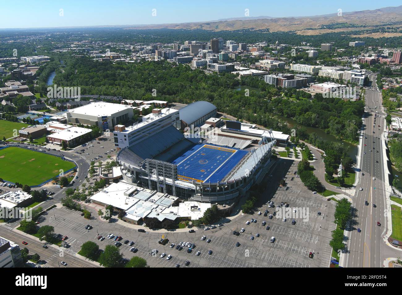 A general overall aerial view of Albertsons Stadium and blue artificial turf on the campus of ...