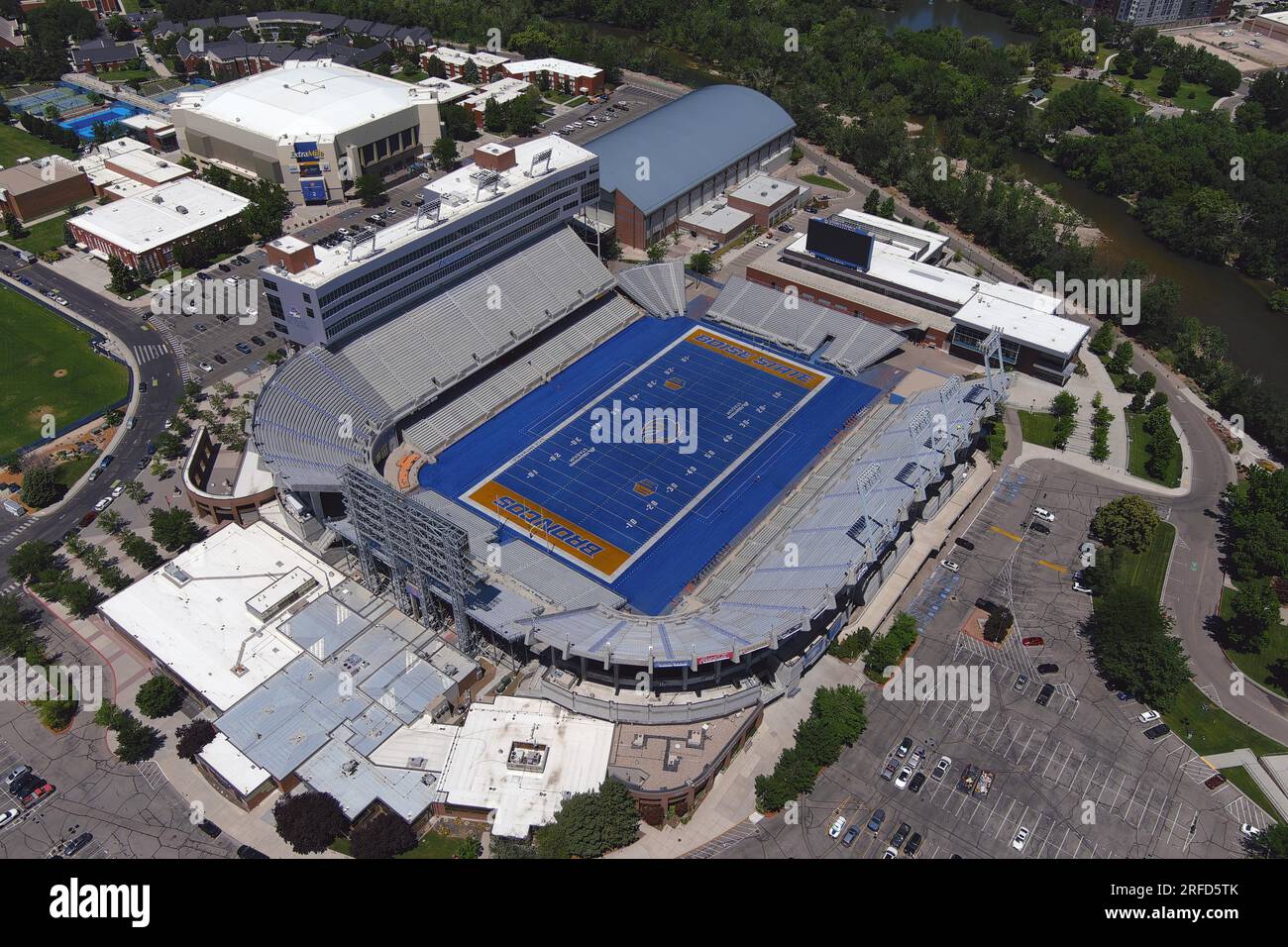 A general overall aerial view of Albertsons Stadium and blue artificial ...
