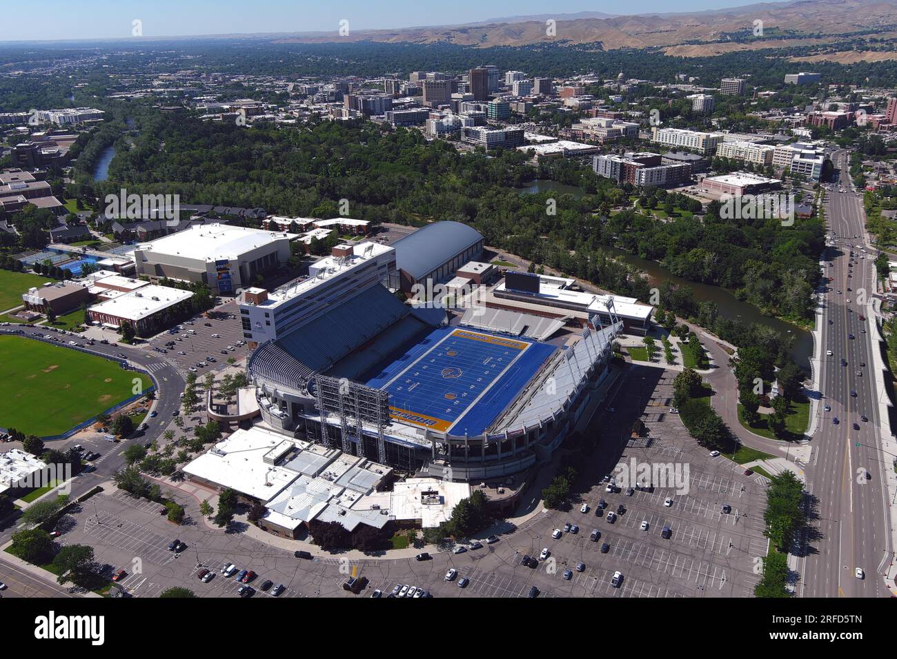 A general overall aerial view of Albertsons Stadium and blue artificial ...