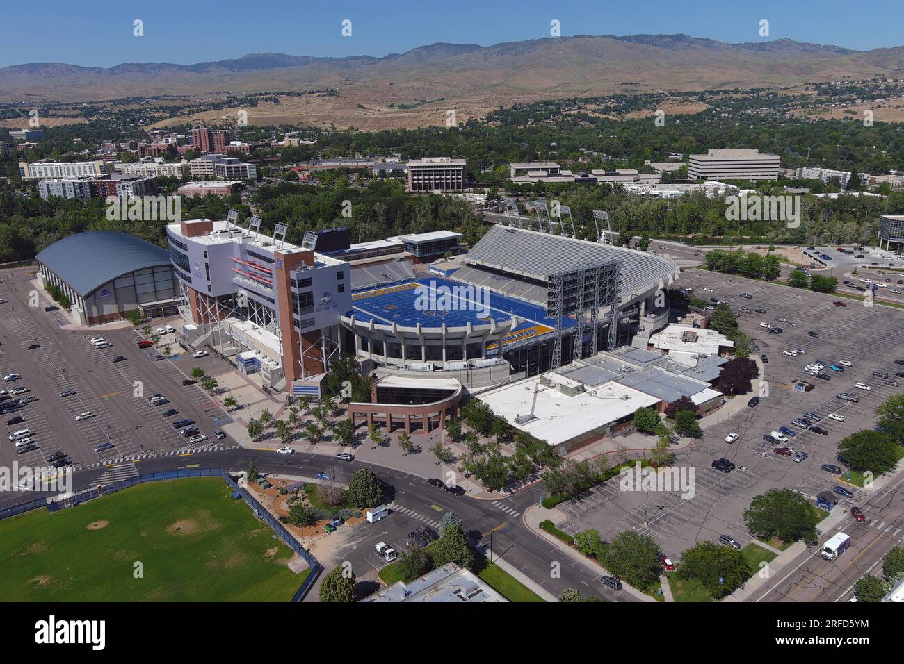 A general overall aerial view of Albertsons Stadium and blue artificial turf on the campus of ...