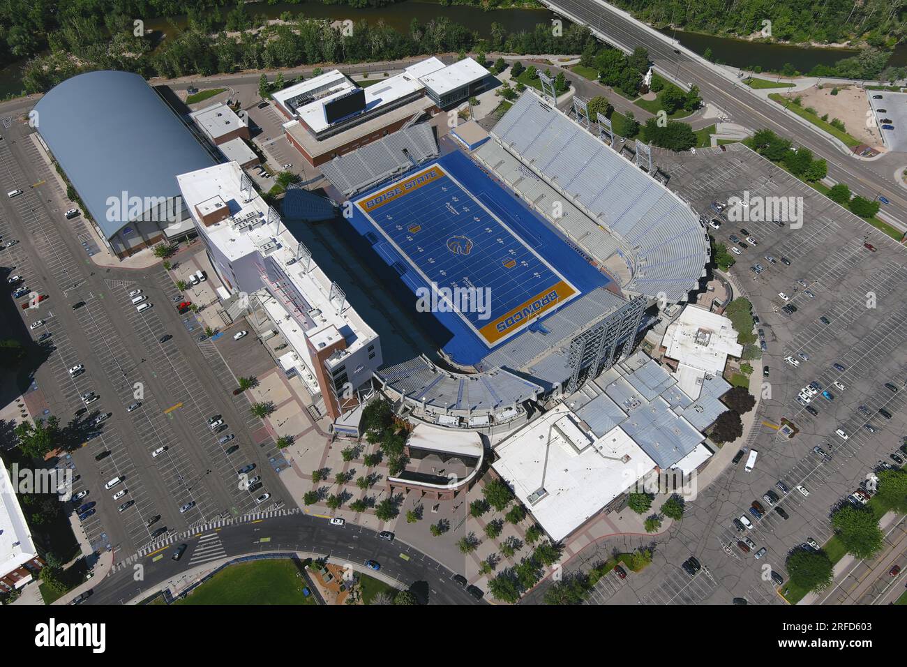 A general overall aerial view of Albertsons Stadium and blue artificial ...