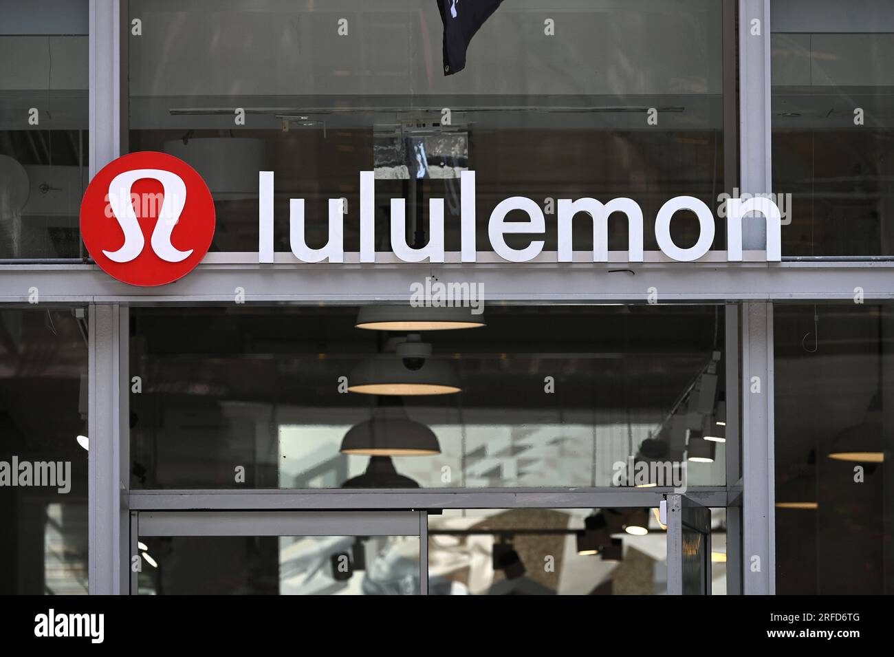 New York, USA. 02nd Aug, 2023. View of Lululemon name above its retail ...