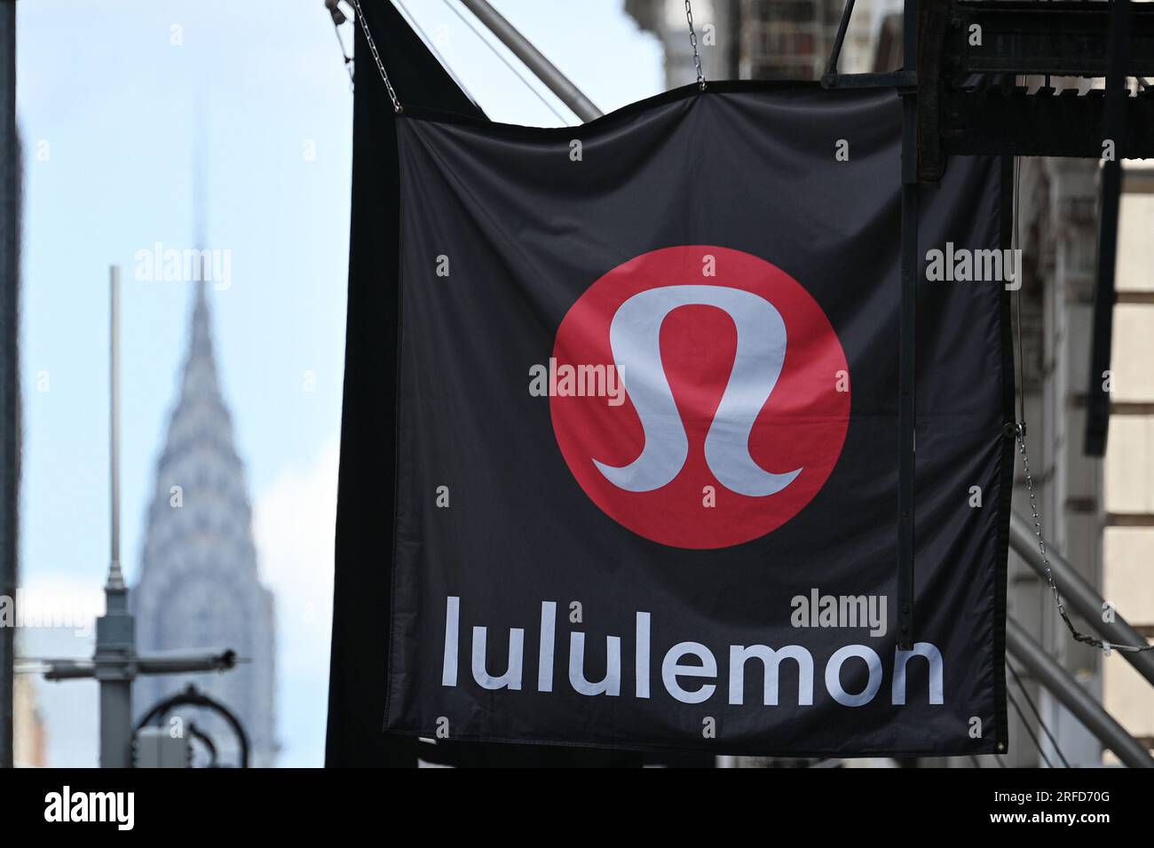New York, USA. 02nd Aug, 2023. View of Lululemon banner above its ...