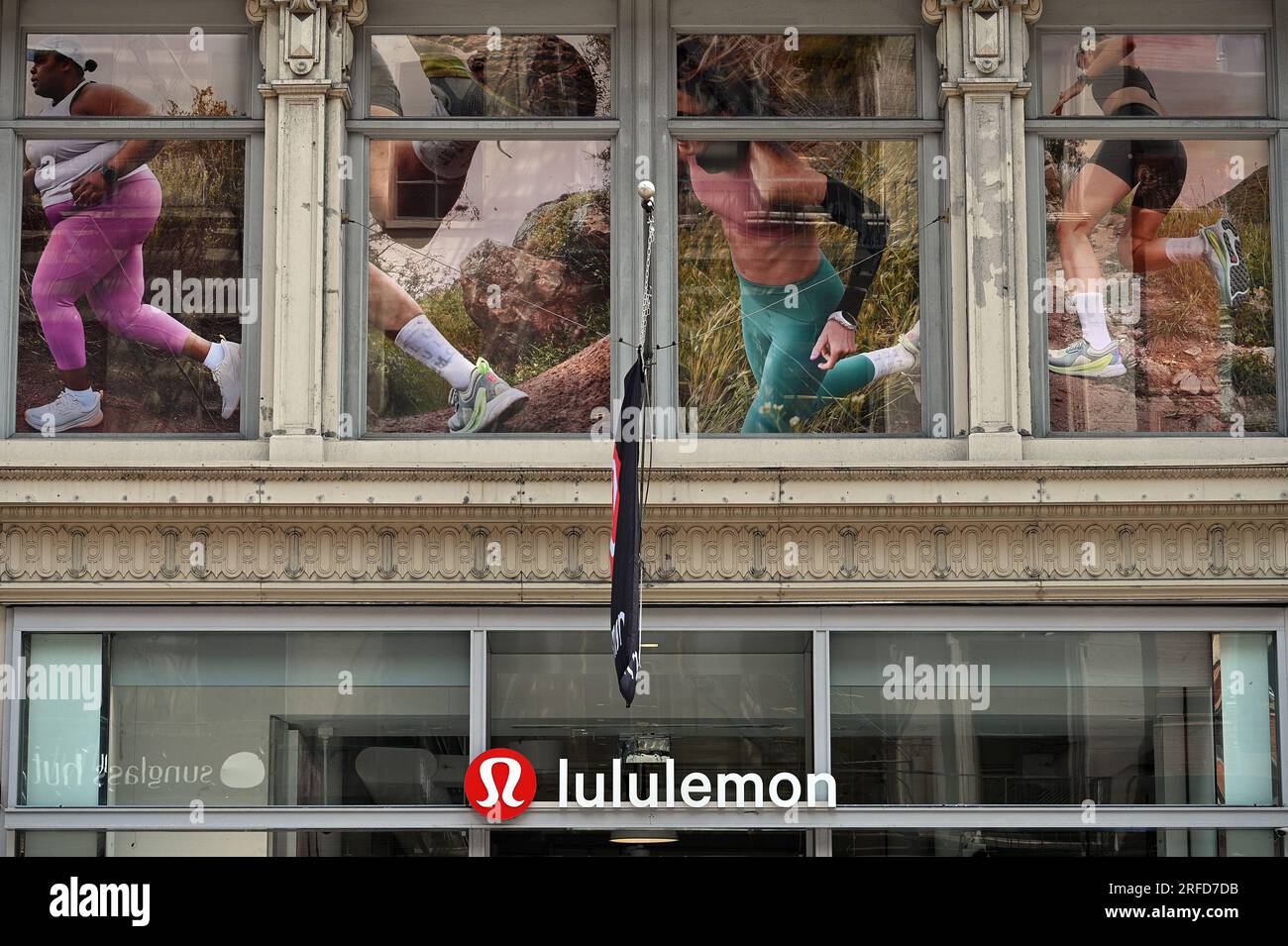 New York, USA. 02nd Aug, 2023. View of Lululemon name above its retail ...