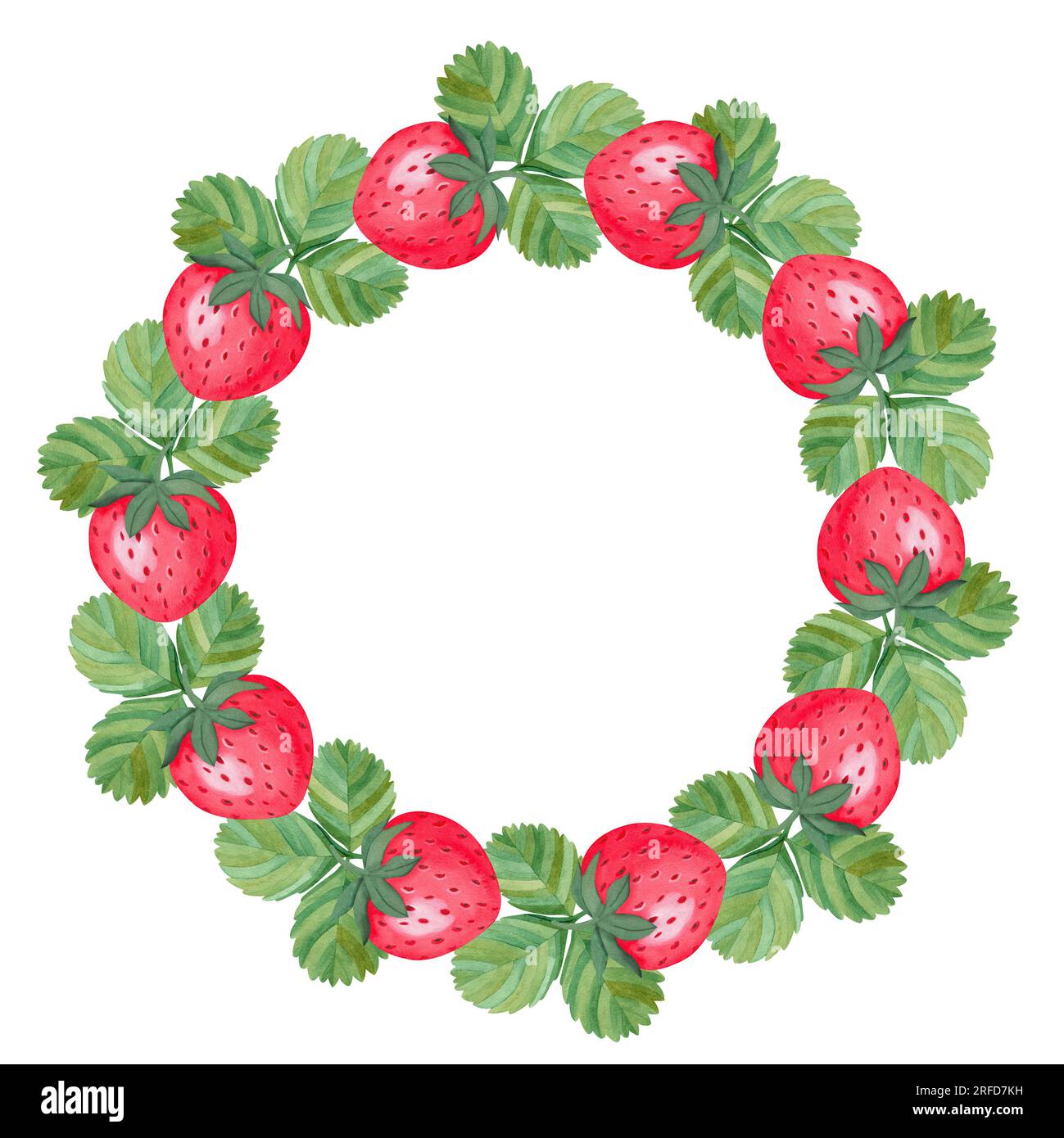 Watercolor round frame with strawberries. Green frame with strawberry ...