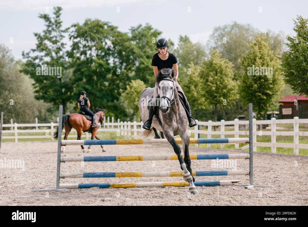 Girl rider on dapple gray horse jumping over triple bars in outdoor ...