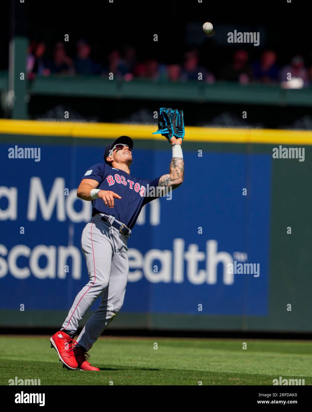 Boston Red Sox left fielder Jarren Duran catches a fly ball hit by ...