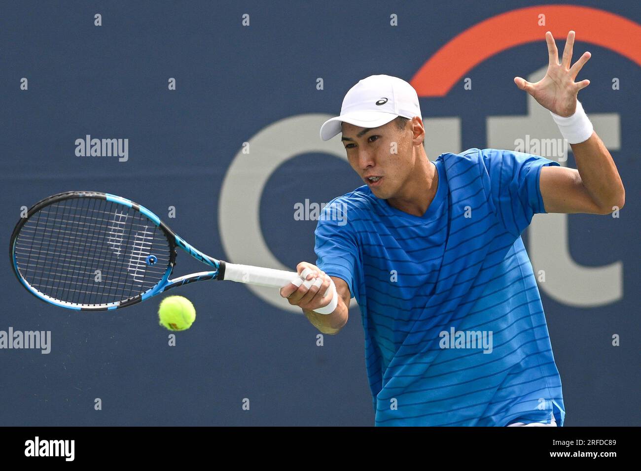 Washington, D.C, USA. 30th July, 2021. YOSUKE WATANUKI hits a forehand during his match at the ...