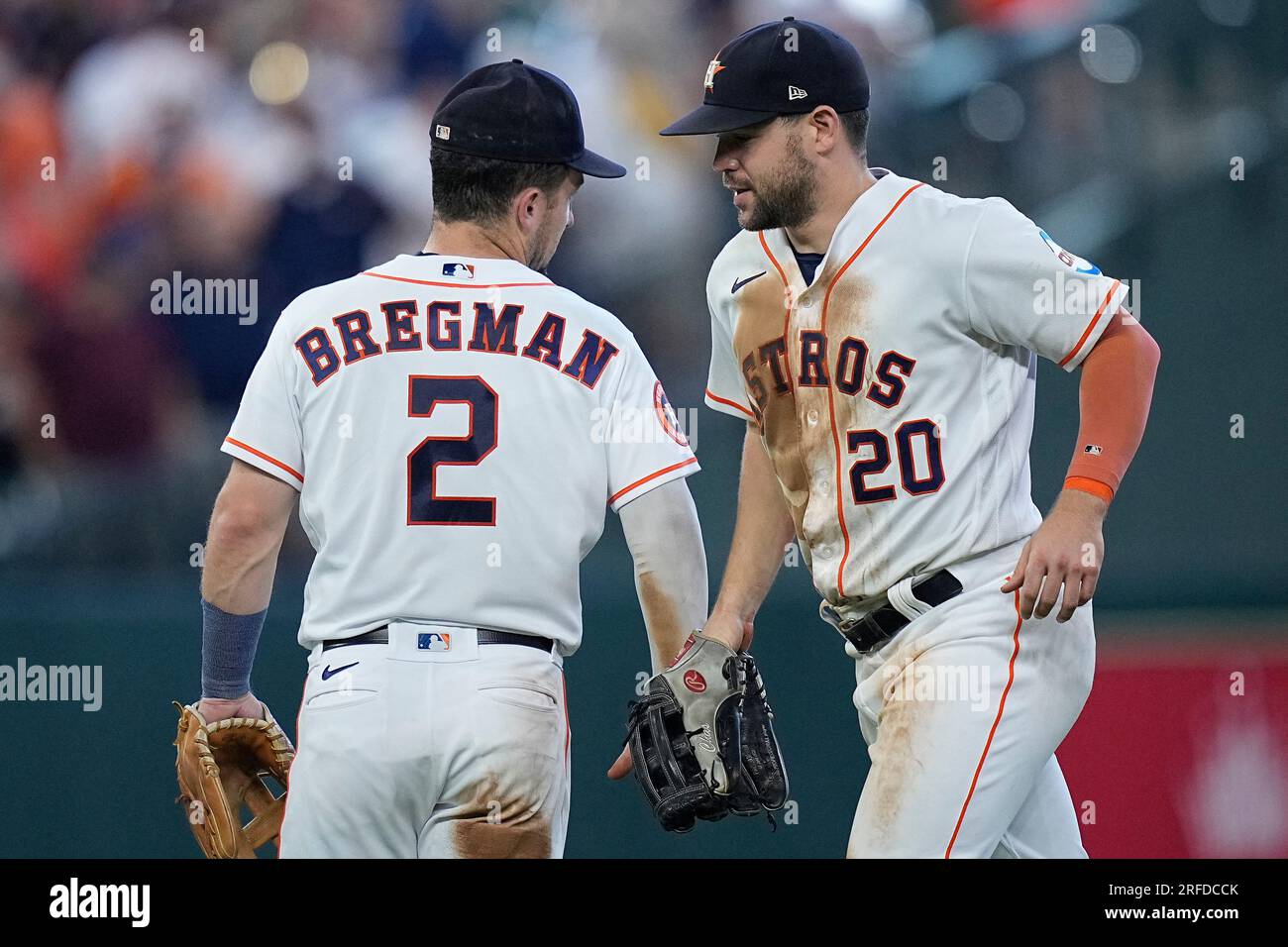 Houston Astros third baseman Alex Bregman (2) and center fielder Chas McCormick (20) celebrate ...