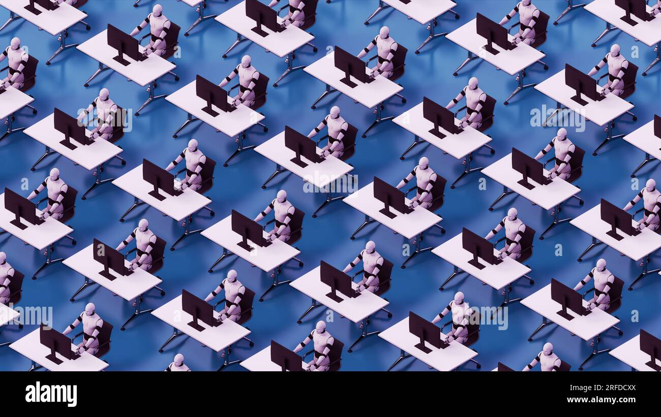 A lot of AI humanoids sitting on a chair and working at the office ...