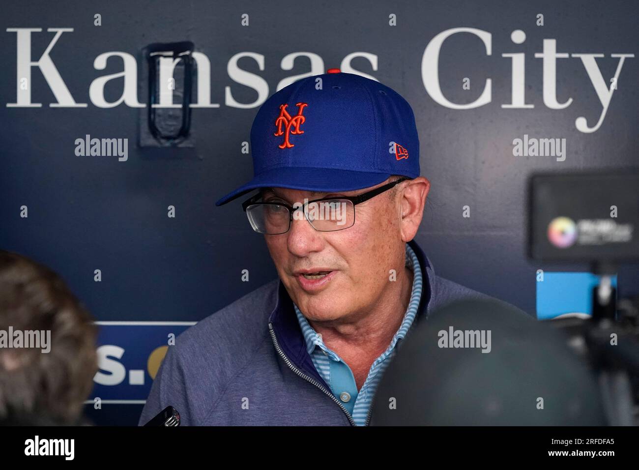 New York Mets owner Steve Cohen talks to the media in the dugout before ...
