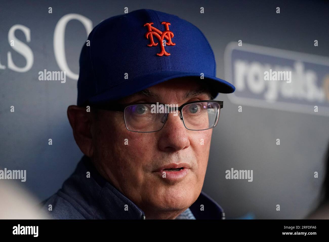 New York Mets owner Steve Cohen talks to the media in the dugout before ...