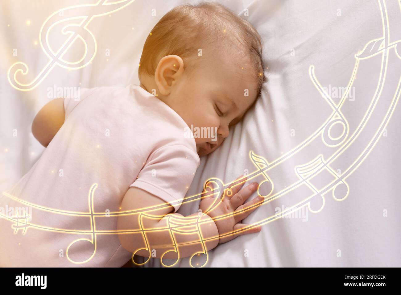 Lullaby songs. Cute little baby sleeping on bed. Illustration of flying ...