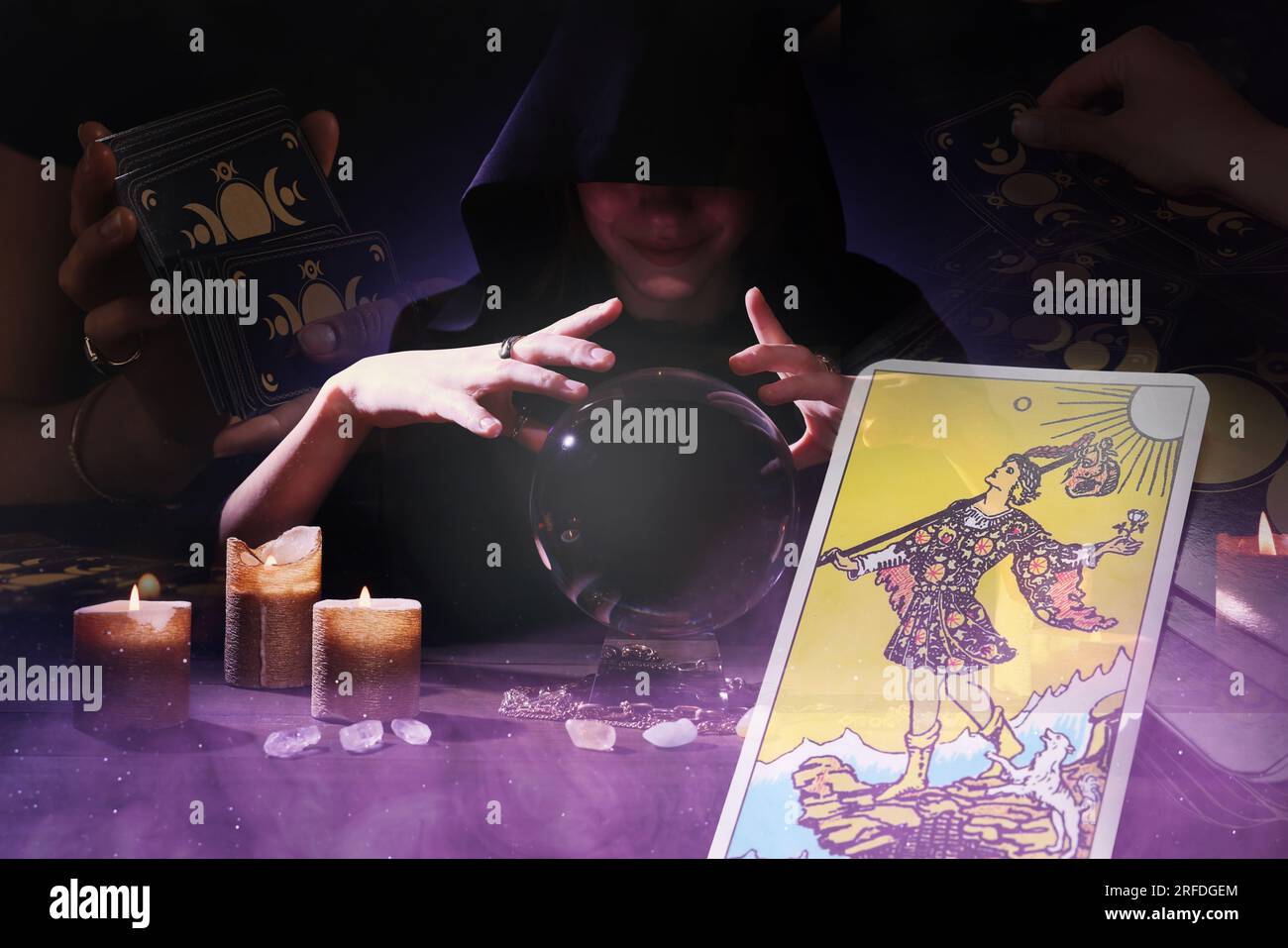 Multiple exposure with tarot cards and photo of soothsayer using ...