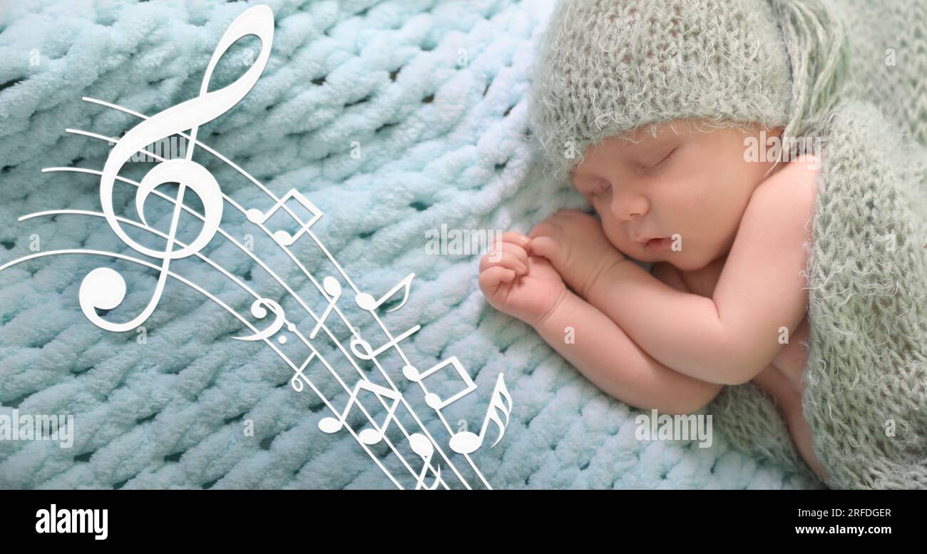 Lullaby songs, banner design. Cute little baby sleeping on fluffy ...