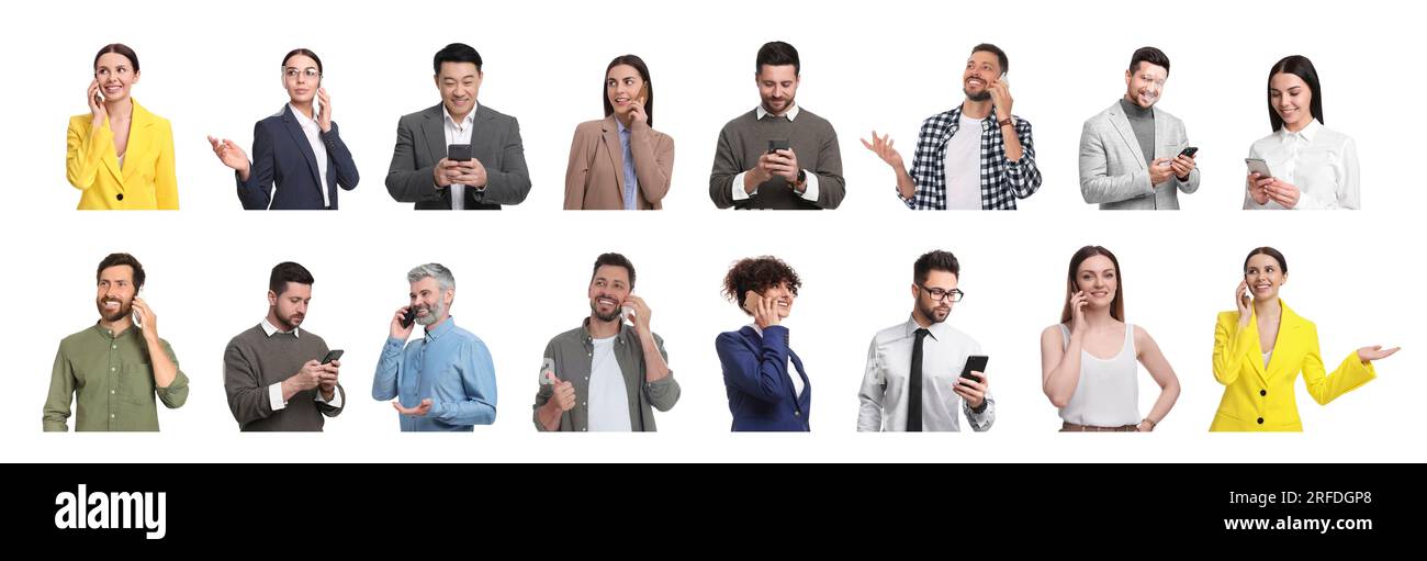 Collage with photos of people using mobile phones on white background ...